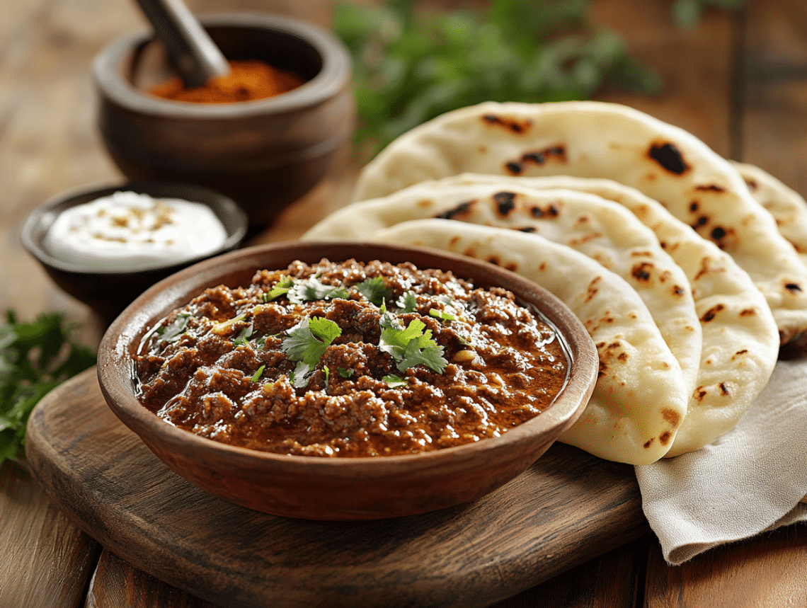 Spicy Indian Masala Beef Mince With Warm Naan Bread