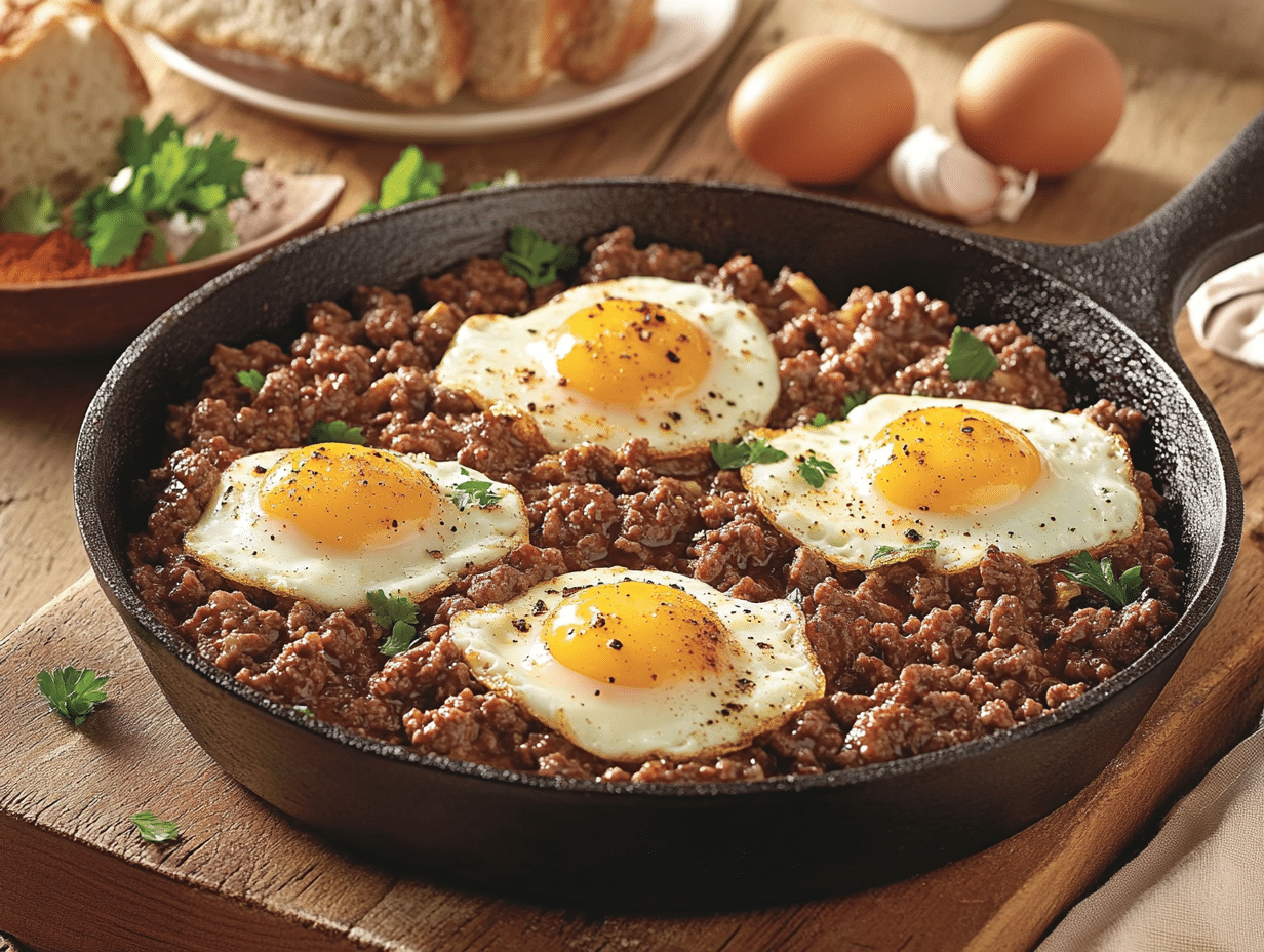 Rustic Ground Beef And Eggs Skillet Delight