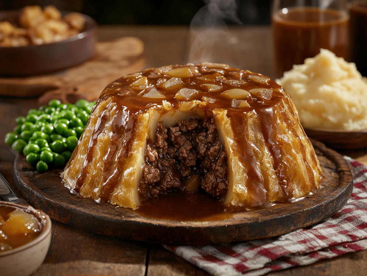 Hearty British Beef And Onion Suet Pudding For Comfort