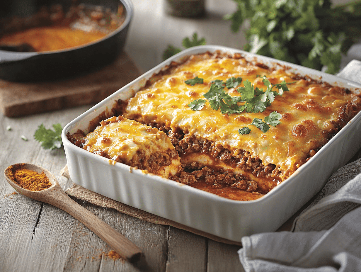 Cheesy Layered Beef Enchilada Casserole For Family Dinner